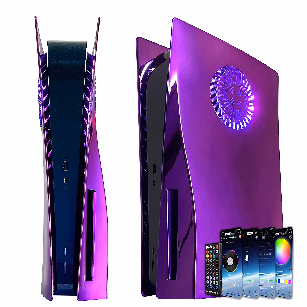 Faceplate with RGB Light Strip for PS5 DOBEWINGDELOU Glossy Face Plate 400+ Effects LED Light Ring Console Cover for P5 Disc Edition DIY Decoration Kit Accessories Electroplating Purple