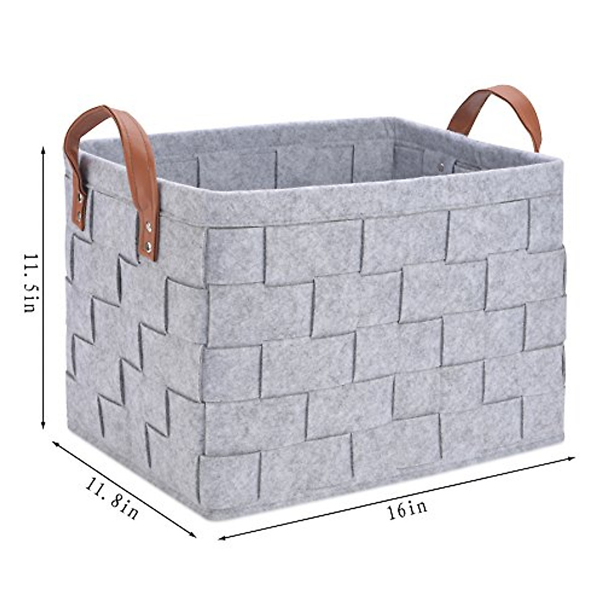 Collapsible Storage Basket Bins, Foldable Handmade Rectangular Felt Fabric Storage Box Cubes Containers with Handles- Large Organizer For Nursery Toys,Kids Room,Towels,Clothes, Grey （16"x11.8"x11.5"）