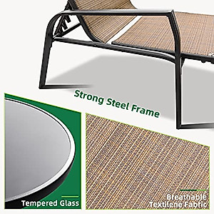 GUNJI Lounge Chairs for Outside 3 Pieces Patio Chaise Lounge Outdoor Adjustable Textilene and Folding Pool Lounge Chairs Set of 2 with a Large Tempered Glass Table (Brown)