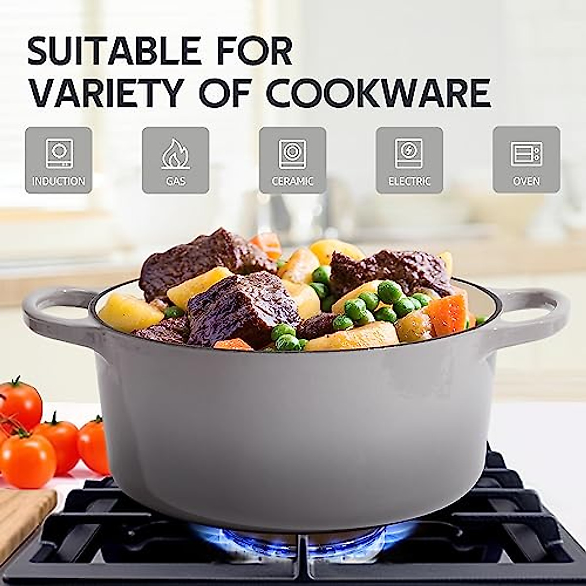 Alathote 6 Quart Enameled Cast Iron Dutch Oven with Lid - Big Dual Handles - Oven Safe up to 500°F - Classic Round Pot for Versatile Cooking Light Gray