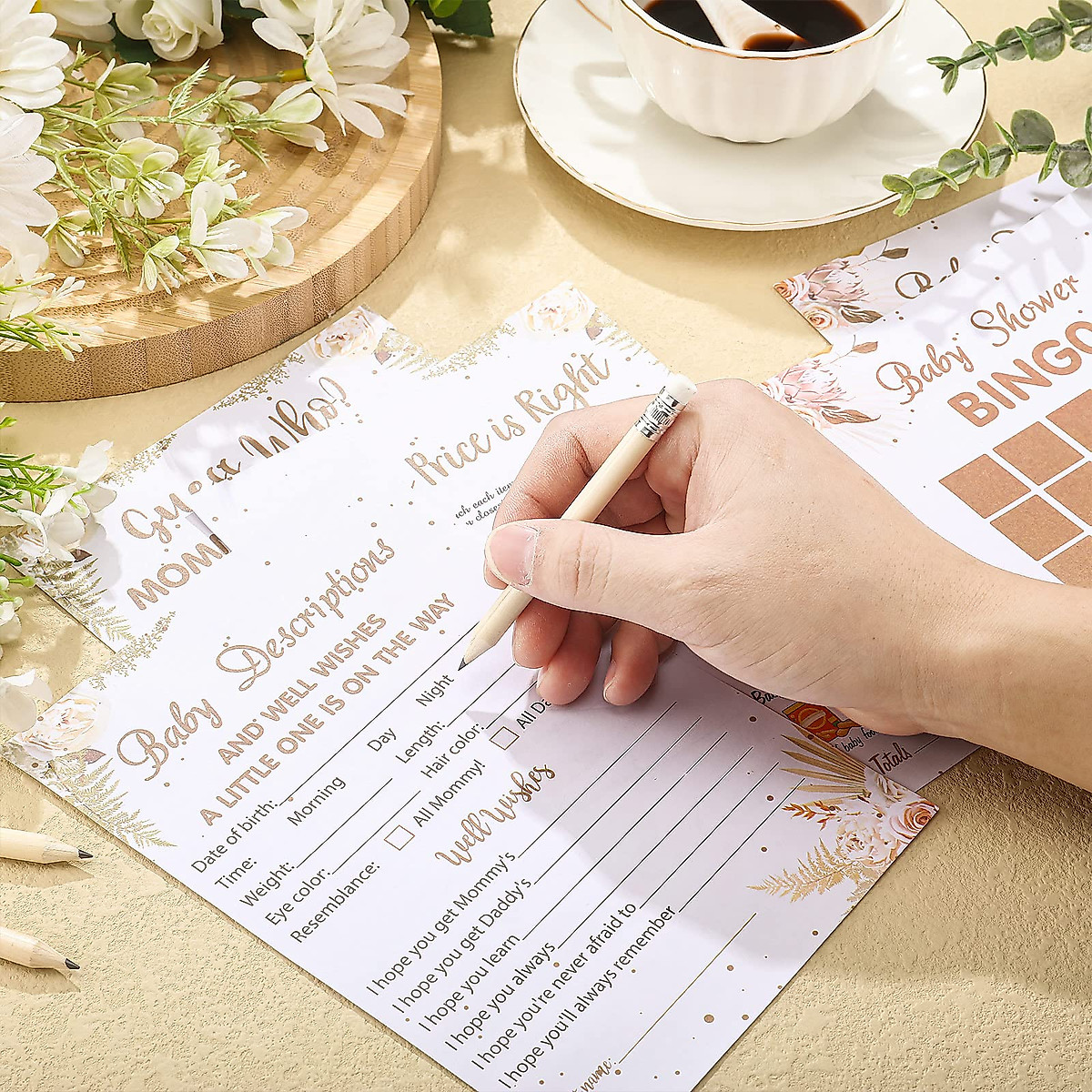 Yinder 145 Pcs Baby Shower Games Activities Cards with 20 Pencils Includes Baby Bingo Description and Wishes Guess Who Price is Right Word Scramble Game(Boho Pampas)