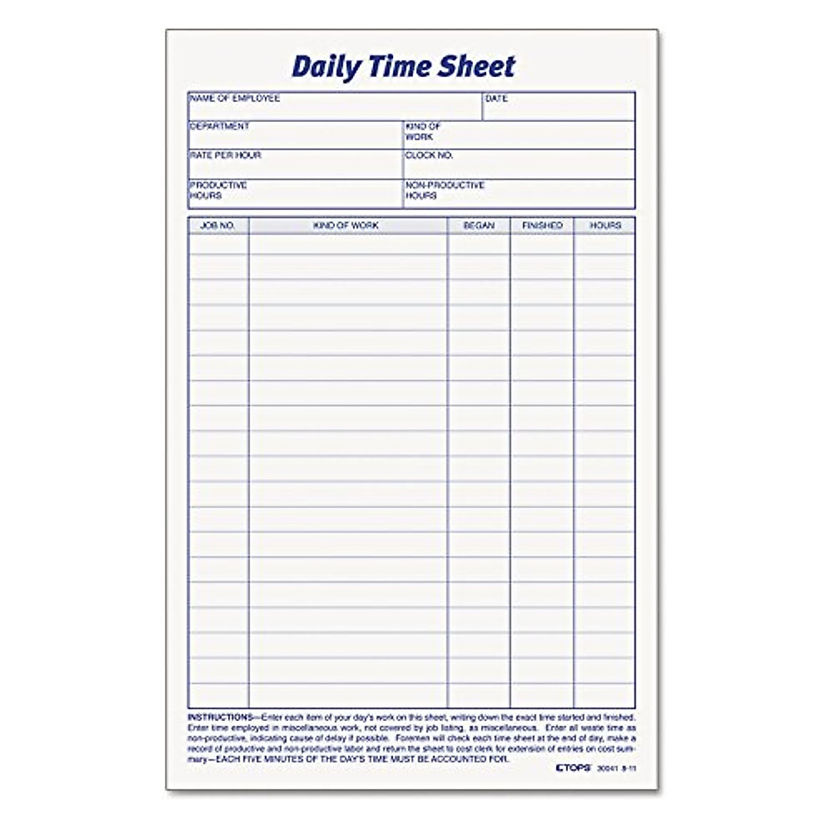 TOPS 30041 Daily Time Sheets, 6-Inch x9-1/2-Inch, 100 Sheets/Pad, 2PD/PK, White