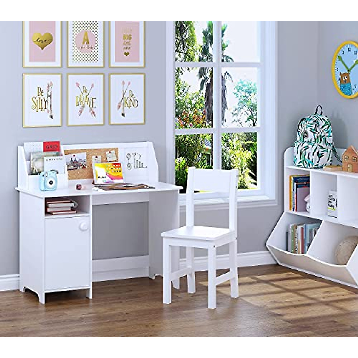 UTEX Kids Study Desk with Chair, Wooden Children School Study Table with Hutch and Chair for 3-8 Years Old, Student's Study Computer Workstation & Writing Table for Home School Use,White