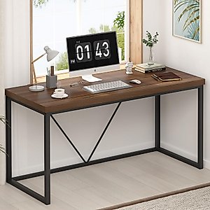 FOLUBAN Large Office Desk, Modern Simple Wood and Metal Computer Desks, Industrial Work Study Writing Gaming Table, Rustic Walnut, 60 Inch