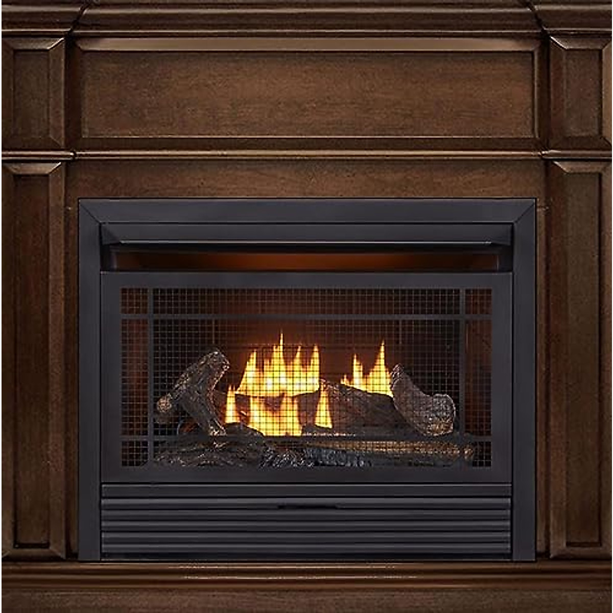 Duluth Forge Dual Fuel Ventless Gas Fireplace System with Mantle, Thermostat Control, 5 Fire Logs, Use with Natural Gas or Liquid Propane, 26000 BTU, Heats up to 1350 Sq. Ft., Gingerbread Finish