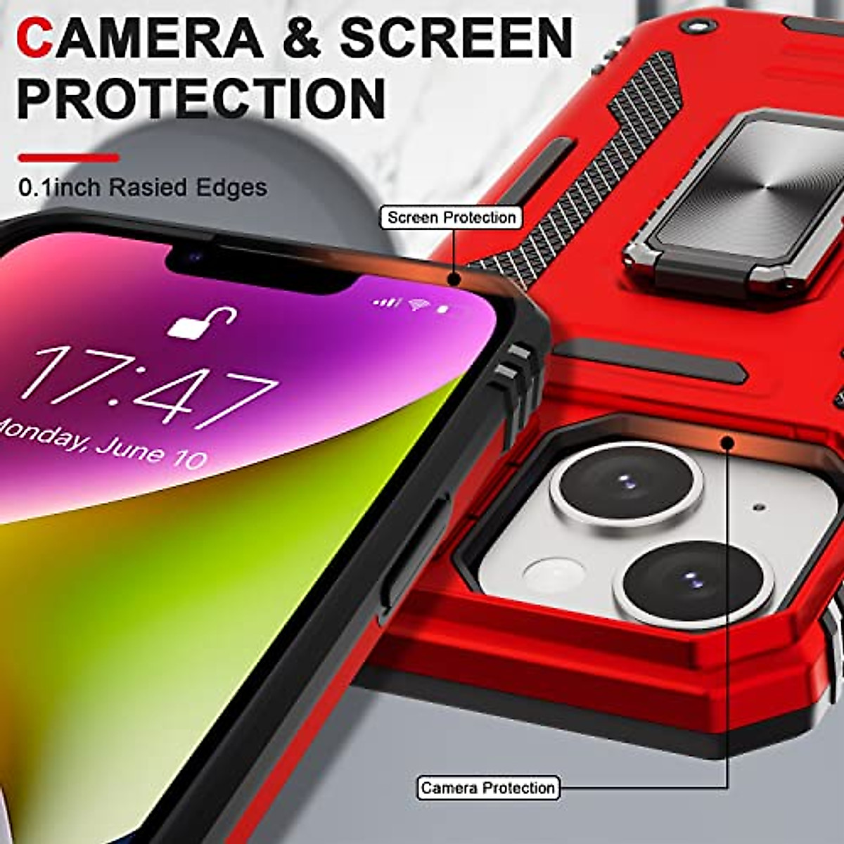 AUPAI iPhone 14 Plus Case with Camera Cover,iPhone 14 Plus Cover with Screen Protector Heavy Duty Military Grade Protective Phone Case with Kickstand for Apple iPhone 14 Plus Red
