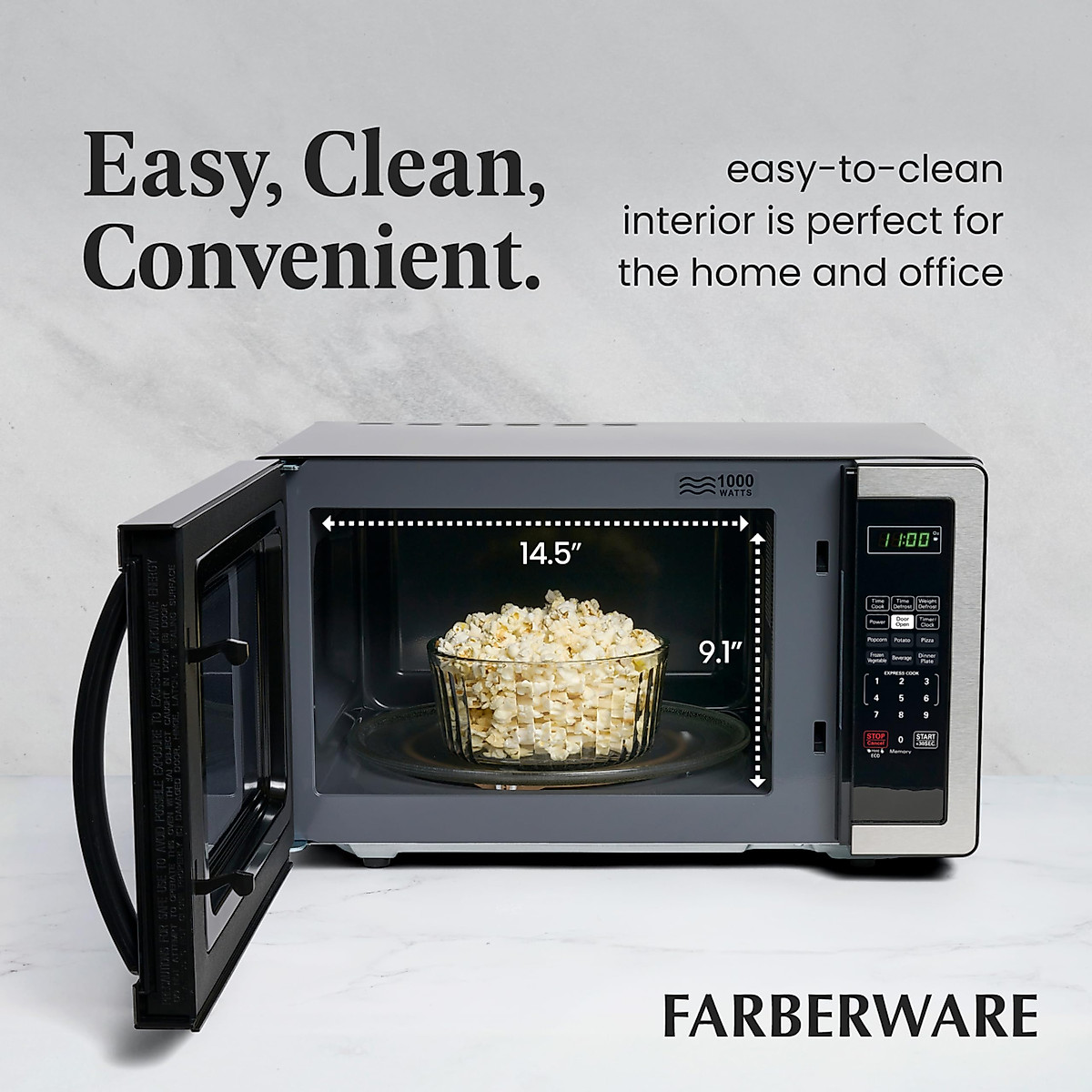 Farberware Countertop Microwave 1.1 Cu. Ft. 1000-Watt Compact Microwave Oven with LED lighting, Child lock, and Easy Clean Interior, Stainless Steel Interior & Exterior