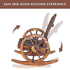 COOBL Log Rocking Chair,Solid Wood High Back Rocker with Wheel Armrest,All Weather Resistant Porch Rocker for Lawn Garden Backyard Patio