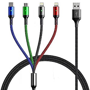 Multi Charging Cable 4A [5Ft 2Pack] Multi Charging Cord Braided 4 in 1 Fast Charger Cable Multi USB Cable Adapter with IP/Type C/Micro USB Port for Cell Phones/IP/Samsung Galaxy/LG/OnePlus/HTC/PS