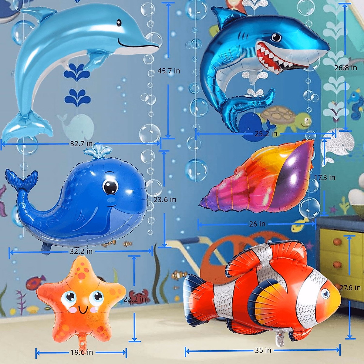 Jiahaoppx 10 Pcs Sea Animal Balloons, Large Shark Dolphin Whale Octopus Fish Hippocampus Crab Sea Lion Conch Starfish Ocean Foil Balloons for Sea Underwater Animals Theme Party Decoration