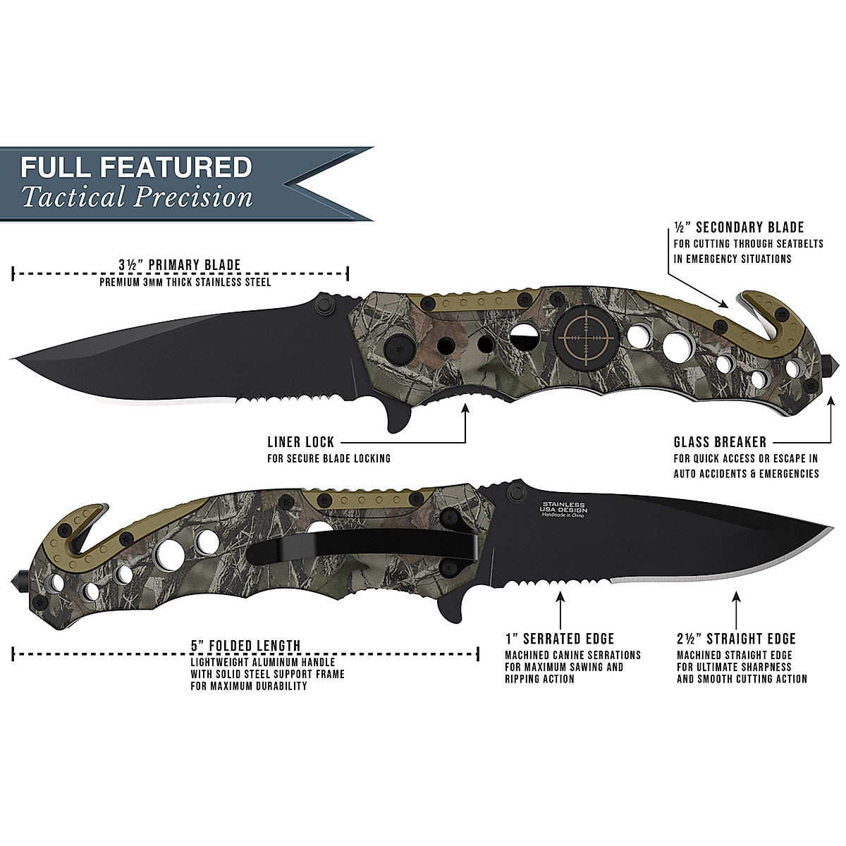 Swiss Safe 3-in-1 Tactical Knife for Military and First Responders - Hunting Camouflage