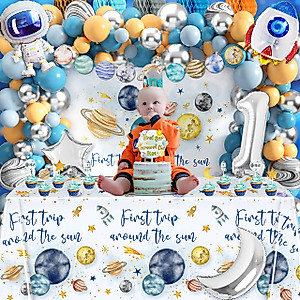 First Trip Around The Sun Birthday Party Decoration Pack, 1st Baby Shower Space Birthday Party Supplies Including Banner, Backdrop, Garland, Tablecloth, Felt Hat, Honeycomb, Cake Toppers, Latex and