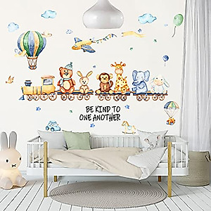 Yovkky Baby Train Animals Elephant Giraffe Monkey Wall Decals, Peel Stick Hot Air Balloon Aircraft Rabbit Bear Stickers Nursery Decor, Home Kids Room Decoration Boy Girl Bedroom Playroom Art Gifts