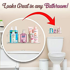 No-Drill Clear Acrylic Makeup Organizer Wall Mounted with Adhesive Stickers or Screws, 15” Clear Acrylic Bathroom Organizer Shelf