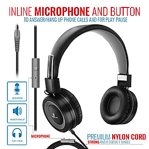 Sonitum Kids Headphones with Microphone, Wired Head Phones with Volume Control for Computer Cellphone, On Ear Headphones for School, Foldable/Adjustable fit Tangle Free 1.5m Cord, 3.5mm Jack
