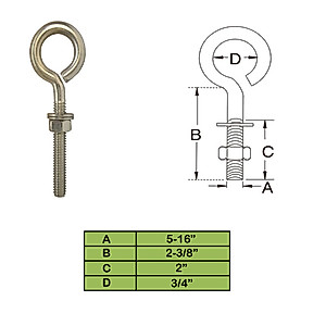 10 Pieces Fully Threaded 5/16 Inch x 2 Inch Stainless Steel Marine Turned Eye Bolt Nut and Washers