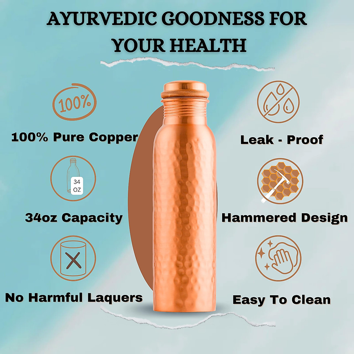 BLIXIFY Copper Water Bottle (34oz/1000ml) Handcrafted Ayurvedic 100% Pure Copper Water Bottle for Drinking | Heavy Duty, Leak-proof & Lab-Tested | Perfect for Everyday Use, Gifting, Travel