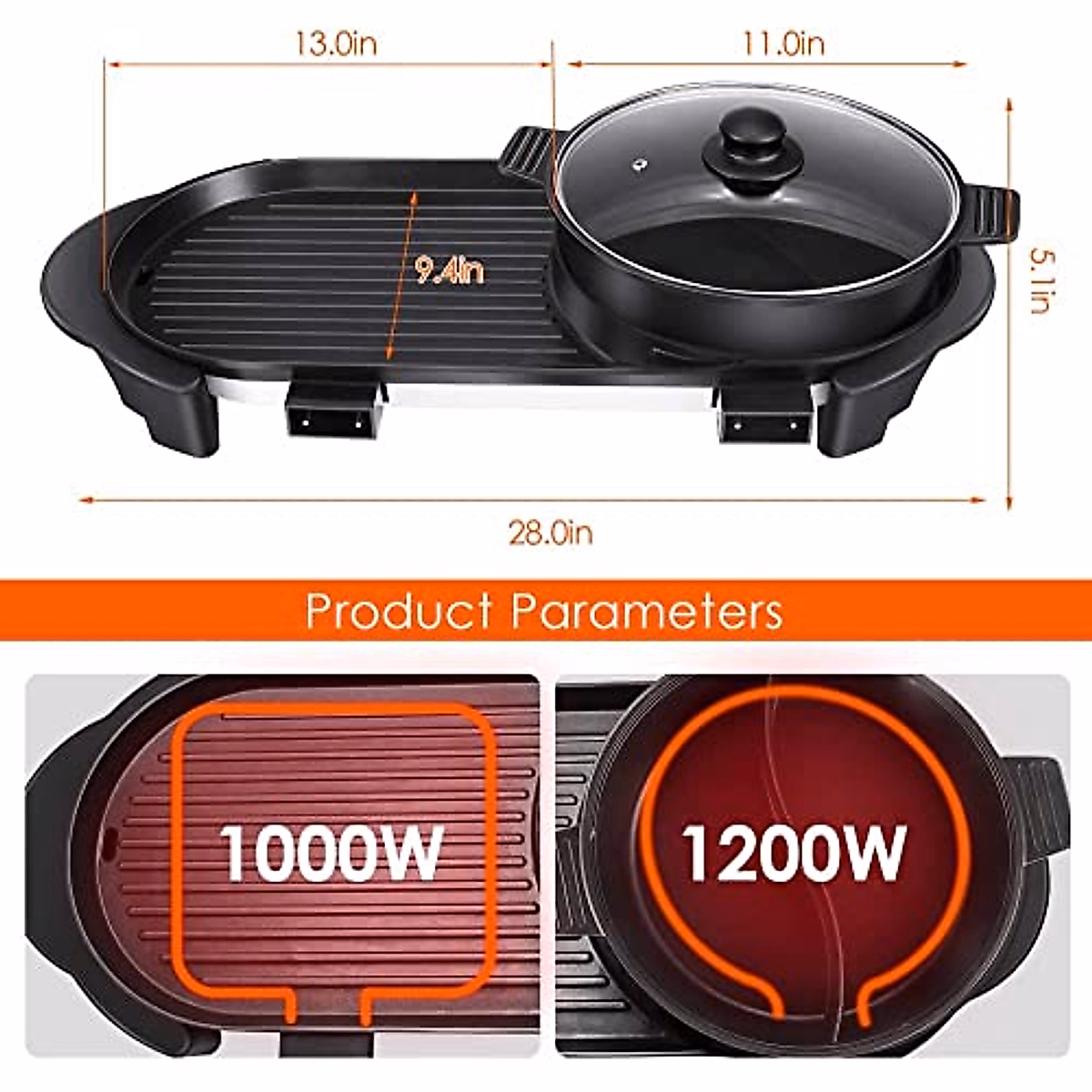 Electric Hot Pot Grill Removable Shabu-shabu Pot Korean BBQ Grill W/ Large Baking Tray Divider Hotpot, Smokeless Non-Stick Cooker Pan, Adjustable Temperature, 1-6 People, 110V