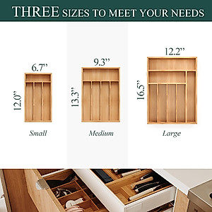 Small Silverware Organizer, Bamboo Kitchen Drawer Organizer, Utensil Holder, Cutlery Tray & Spoon Flatware Storage with Grooved Drawer Dividers