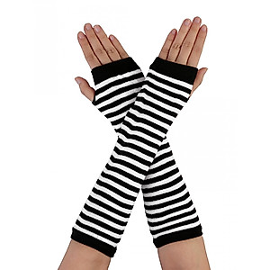 Allegra K Women's Fingerless Gloves Printed Elbow Length Knitted Arm Warmers One Size Black-White