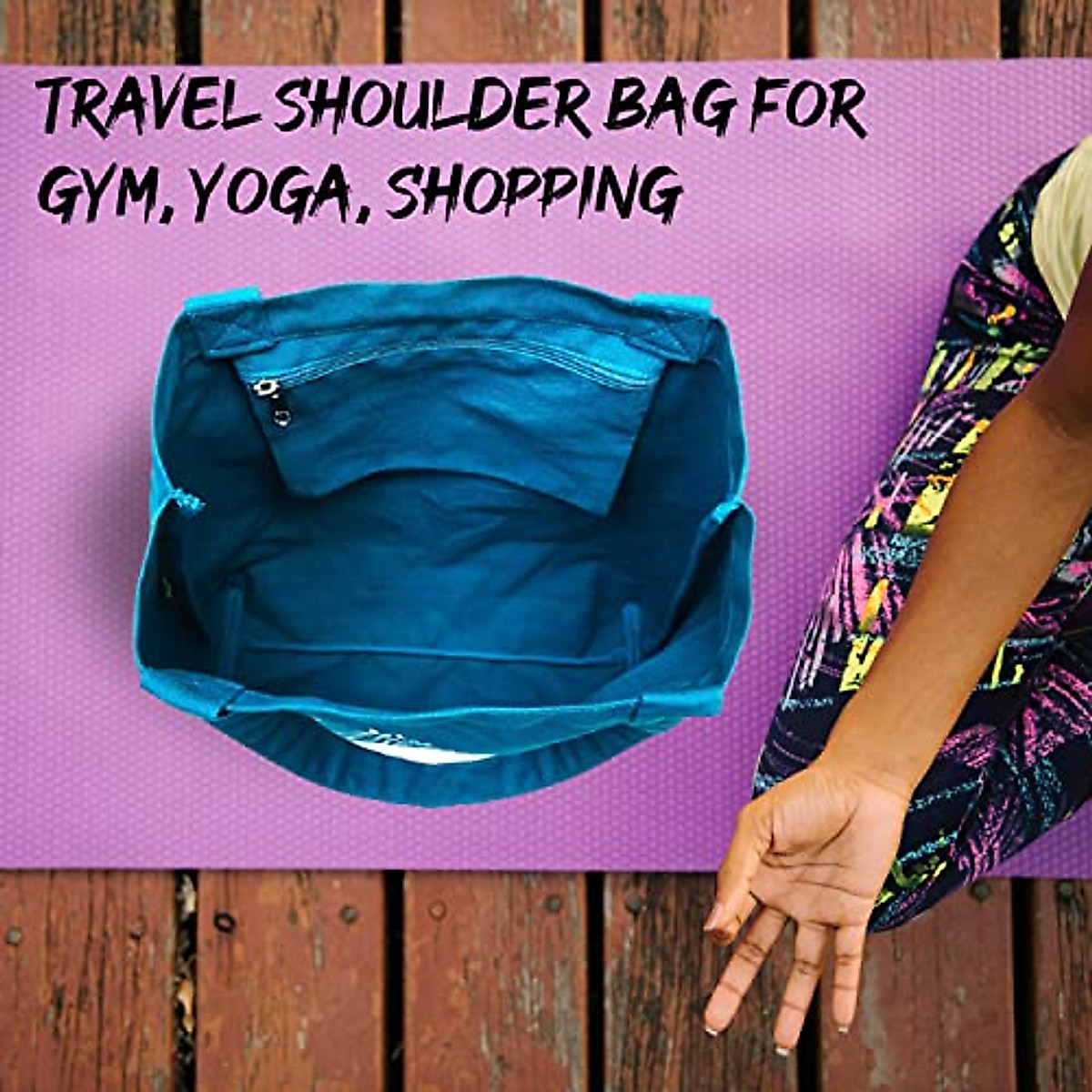 Cotton Canvas Tote Bag With Tree of Life Printed - Ethnic Style Shoulder Bag | Inner Zip Pocket Included | Best for Use In Gym, Shopping, Travel, Beach - Petrol