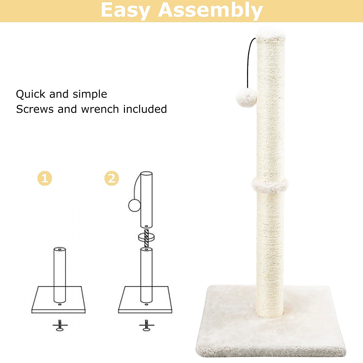 Dimaka 34" Tall Cat Scratching Post for Large Cats and Kittens, High Vertical Scratcher with Premium Natural Sisal Rope and Interactive Hanging Ball for Indoor Cats(Beige, 34 inches)