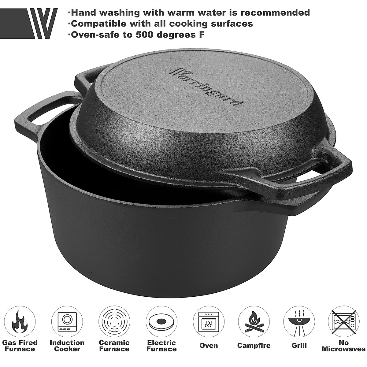 VORRINGARD Pre-seasoned Cast Iron Double Dutch Oven Pot with Skillet Lid, Dual-handle, for Bread Baking, Outdoor, Campfire Cooking, 5 Quart
