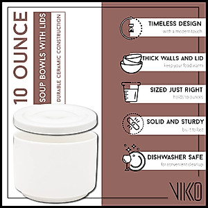 Vikko Soup Crocks With Lids, 10 Ounce Modern White Soup Bowl with Cover, Set of 4 Soup Dishes, Dishwash Safe