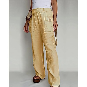 Flare Yoga Pants Women 's Linen Pants Capri Wide Leg Straight Elastic Waistband Loose Casual Cargo Trousers Comfy Lightweight (Yellow, L) Bulk GiftStuff for 10 Dollars