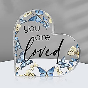 Yulejo Acrylic Heart Shaped Sign Decor with Butterflies Appreciation Heart Tables Centerpiece Inspirational Desk Keepsake Gift for Colleague Friends Coworker Teacher Christmas(You Are Loved)