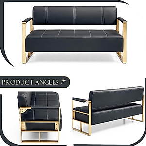 57.9" Faux Leather Loveseat Sofa, Mid Century Modern Sofas Small Couch with Gold Armrests & Legs, Upholstered 2-Seater Love Seat Couches for Living Room, Apartment, Office, Shop, Anteroom (Black)