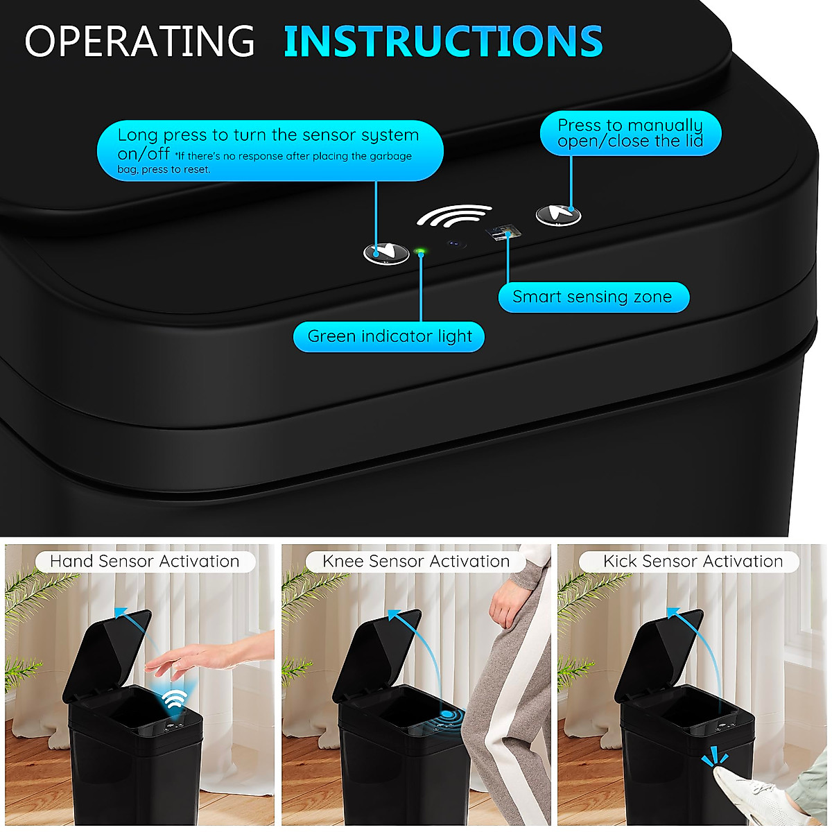 jinligogo Bathroom Trash Can Touchless, 2.5 Gallon Motion Sensor Smart Trash can with Automatic Lid, Waterproof Slim Plastic Narrow Bedroom Garbage Bin for Kitchen, Office, Living Room, RV - Black