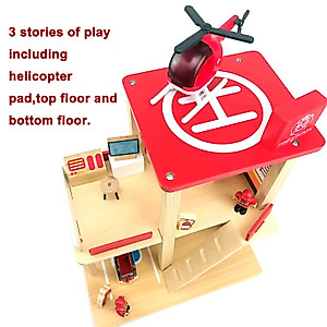 BBtinker Wooden Fire Station Playset, Multicolor 3-Level Pretend Play Dollhouse with Figures, Truck, Helicopter and Accessories, Preschool Learning Educational Toys for Toddlers Kids Age 3 and up