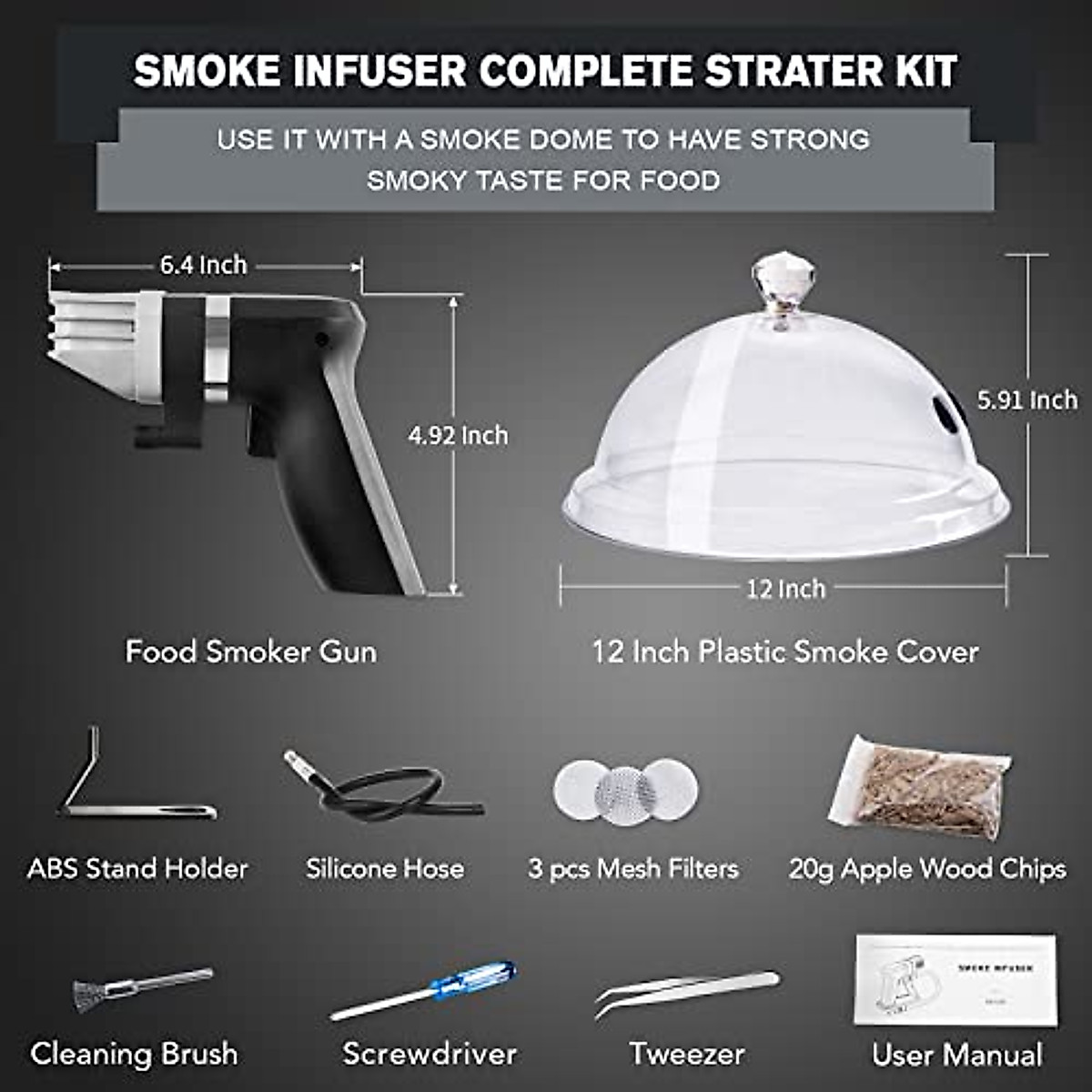 NEXT-SHINE Smoke Infuser Gun Starter Kit, Handheld Cocktail Smoker with 12 Inch Cloche, Accessories and Wood Chips, Cold Smoky Flavors for Food Drinks