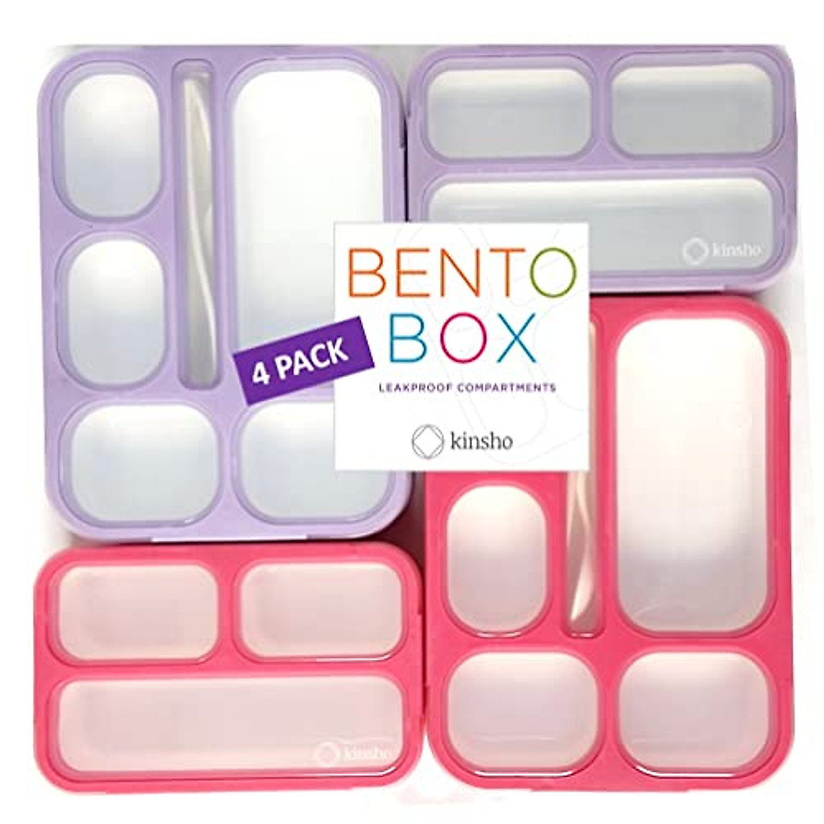 kinsho Bento Box Lunch Boxes and Snack Containers, Value Pack for Kids Girls Boys | Leakproof Portion Boxes for School Pre-School Toddler Daycare Travel, BPA Free | Set of 4, Pink Purple