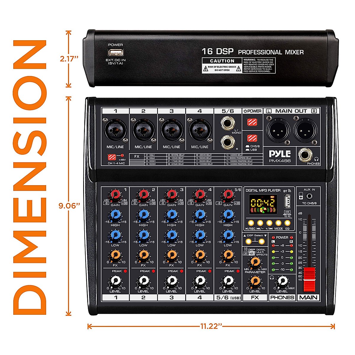 Pyle Professional Bluetooth DJ Audio Mixer - 6-Channel DJ Controller Sound Mixer w/DSP 16 Preset Effects, USB Interface, 4 XLR Mic/Line Input, AUX, FX Processor MP3 Player, Headphone Jack - PMX466