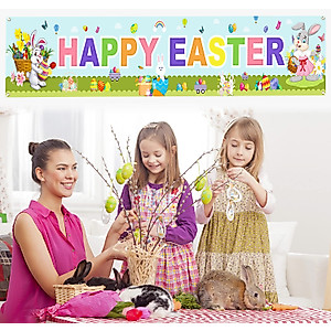 Happy Easter Banners, Easter Bunny Banner Egg Hunt Decorations, Spring Bunny Egg Butterfly Flower Easter Theme Party Banner Rustic Lawn Sign for Outside Garden