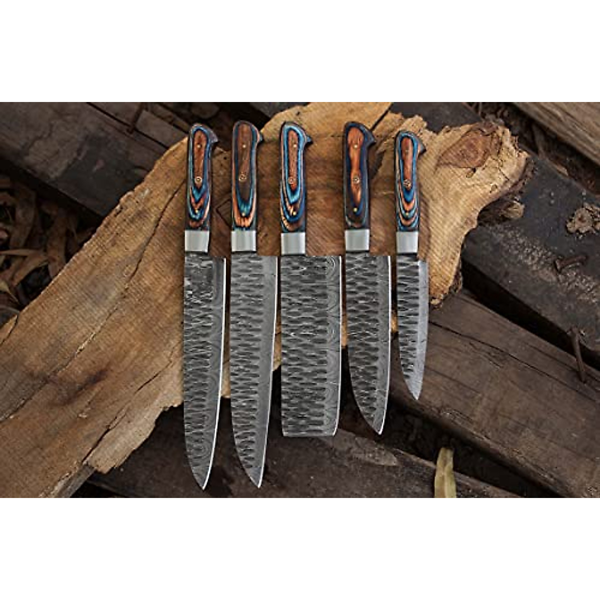 Custom Handmade Damascus Steel 5 pcs Professional Kitchen Chef Knife Set with 5 Pocket Case Chef Knife Roll Bag/Brown & Blue Dollar Sheath