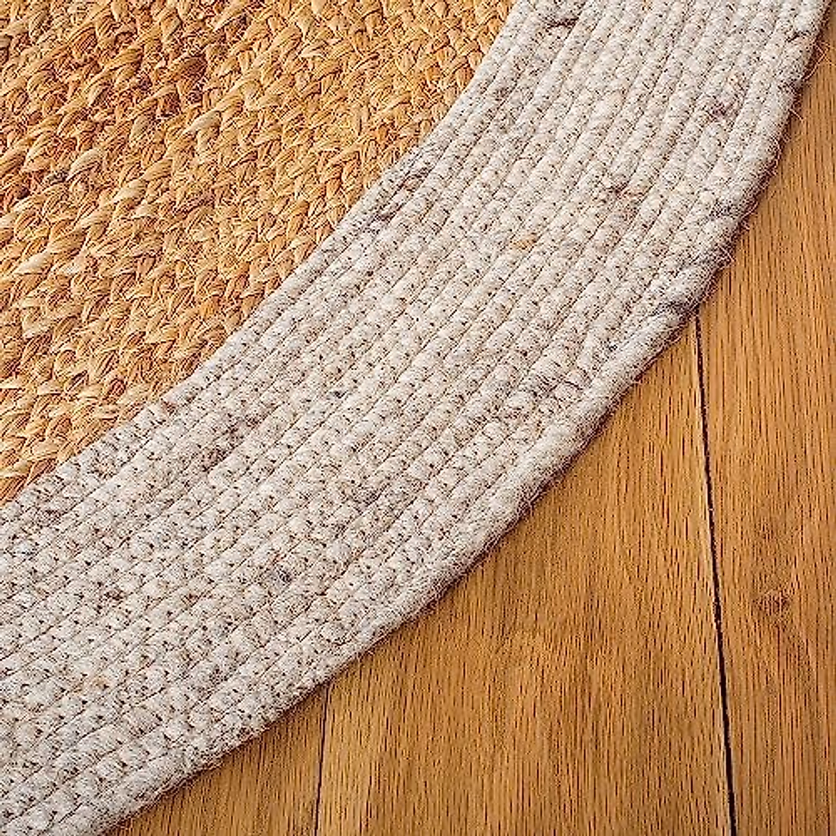 THE PIKKU INTERNATIONAL - Handmade Jute Rug Beige with White Cord Border Farmhouse Jute Area Rug (7 x 11 Feet Oval)