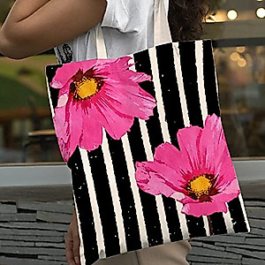 Canvas Shoulder Bag 15x18 Inch,Flowers Stripe Tote Bag for Books,Birthday Inspirational Gifts for Kids Girls Women