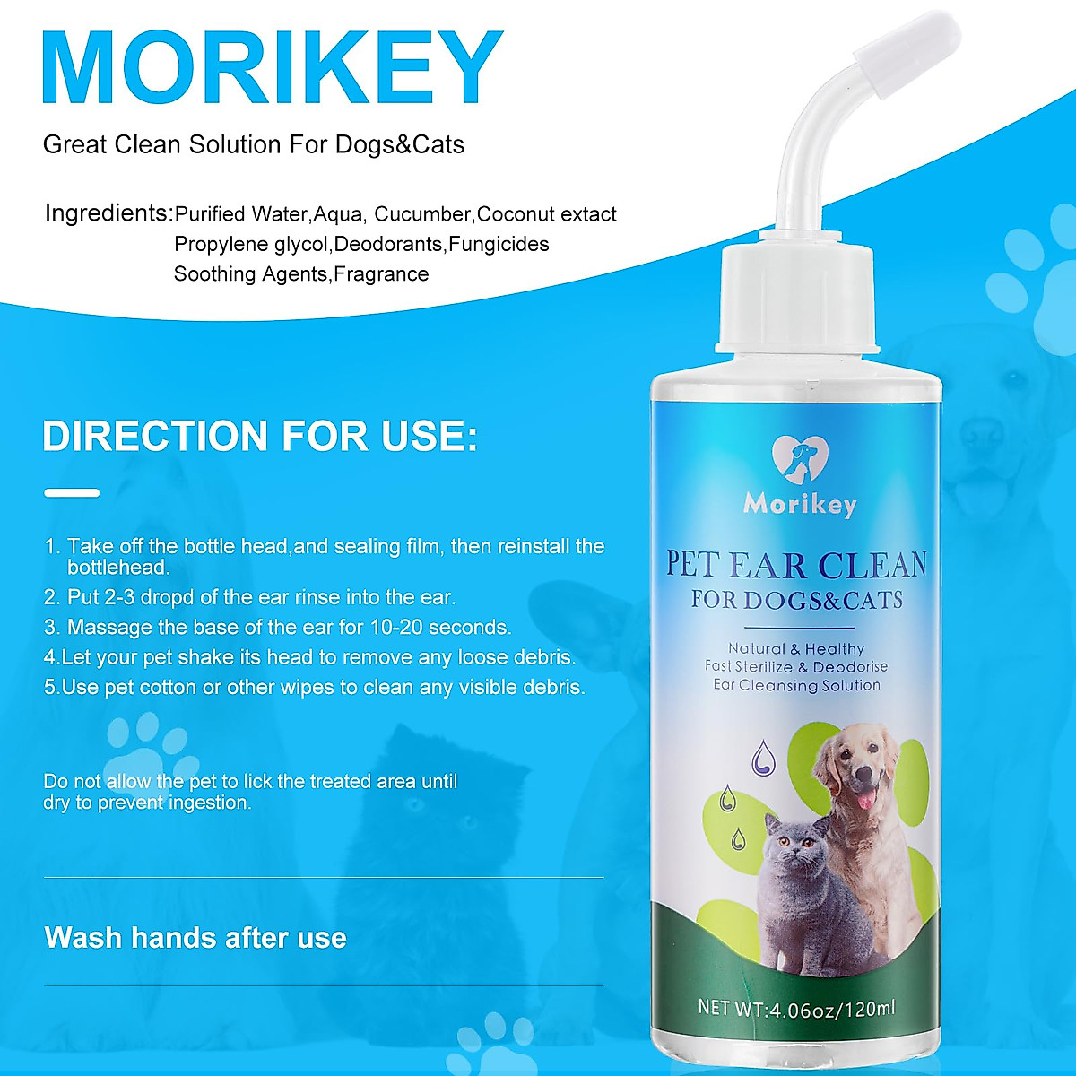 Morikey Pet Ear Cleaner Solution & Infection Treatment for Dogs & Cats, Natural Pet Cleanser Drops Helps Eliminate Odor Relieve Infections and Soothe Itchiness - 4.06oz/120ml