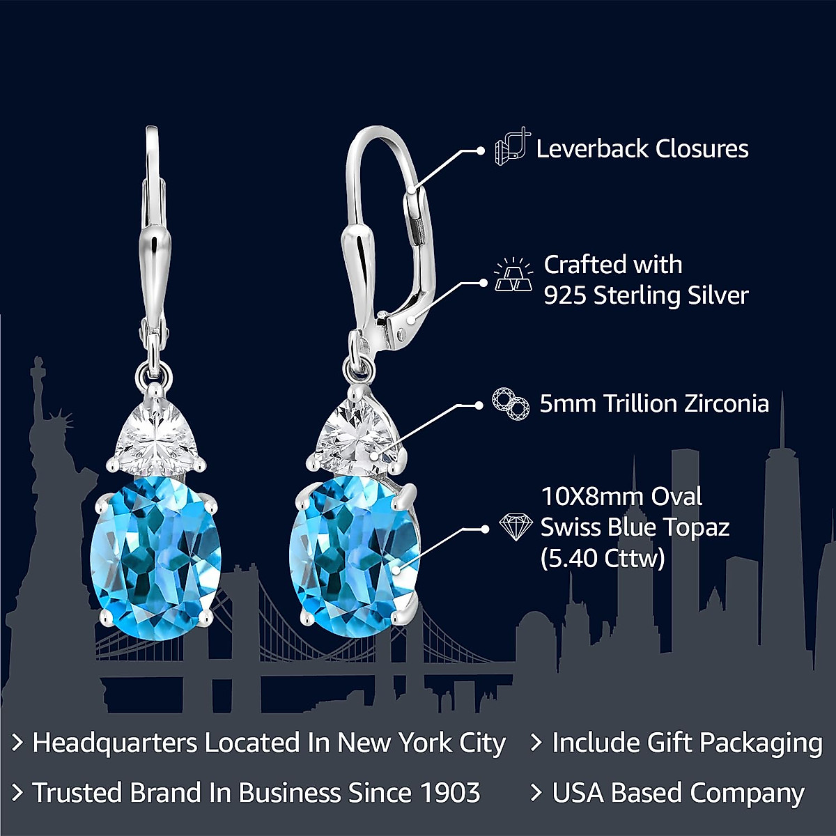 Gem Stone King 925 Sterling Silver Swiss Blue Topaz Dangle Earrings For Women | 5.40 Cttw | Gemstone November Birthstone | Oval 10X8MM | Trillion 5MM