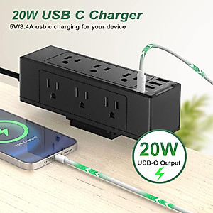 Desk Clamp Power Strip with USB C, Desk Surge Protector Power Strip with 9 AC Plugs 4 USB Ports, Desktop Edge Mount Outlets Charging Station, 6 FT Flat Plug, Removable Clamp Power Strip
