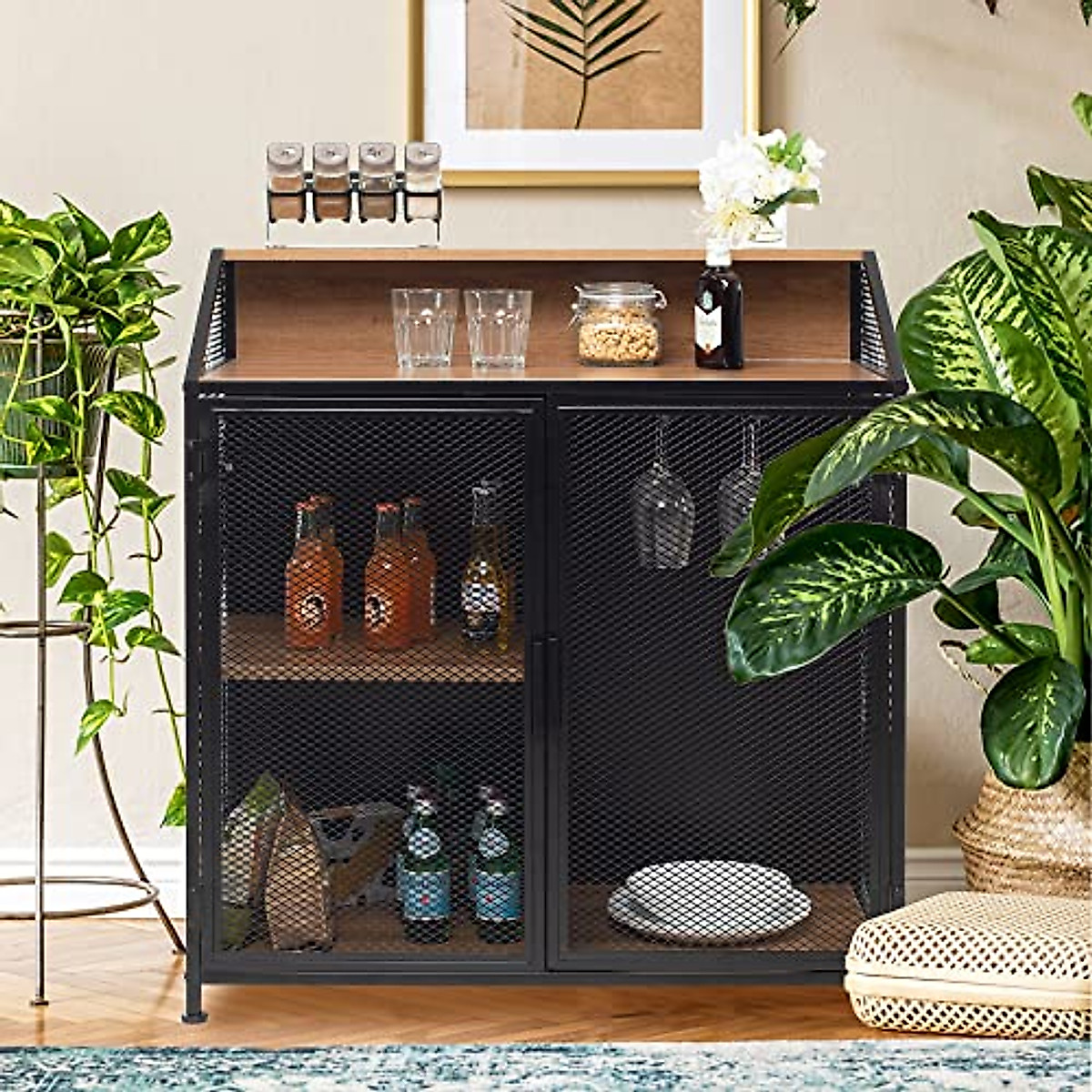 NSdirect Metal Coffee Bar Storage Cabinet, Industrial Bar Cabinet with Metal Mesh Doors, Coffee Bar Sideboard for Wines and Liquors, 33 Inch, with Wine Rack