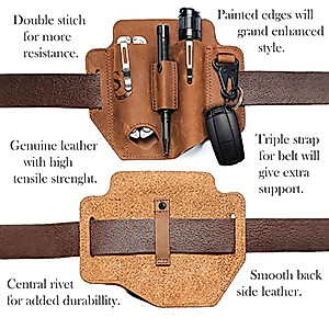 SELEWORK TH21 Multitool Belt Sheath, EDC Leather Belt Organizer, Double Stitch,Triple Strap, Belt Holder for Tactical Flashlight, Pen and Keychain Clip with Pouch, Leatherman Tool Holster Gift for Men