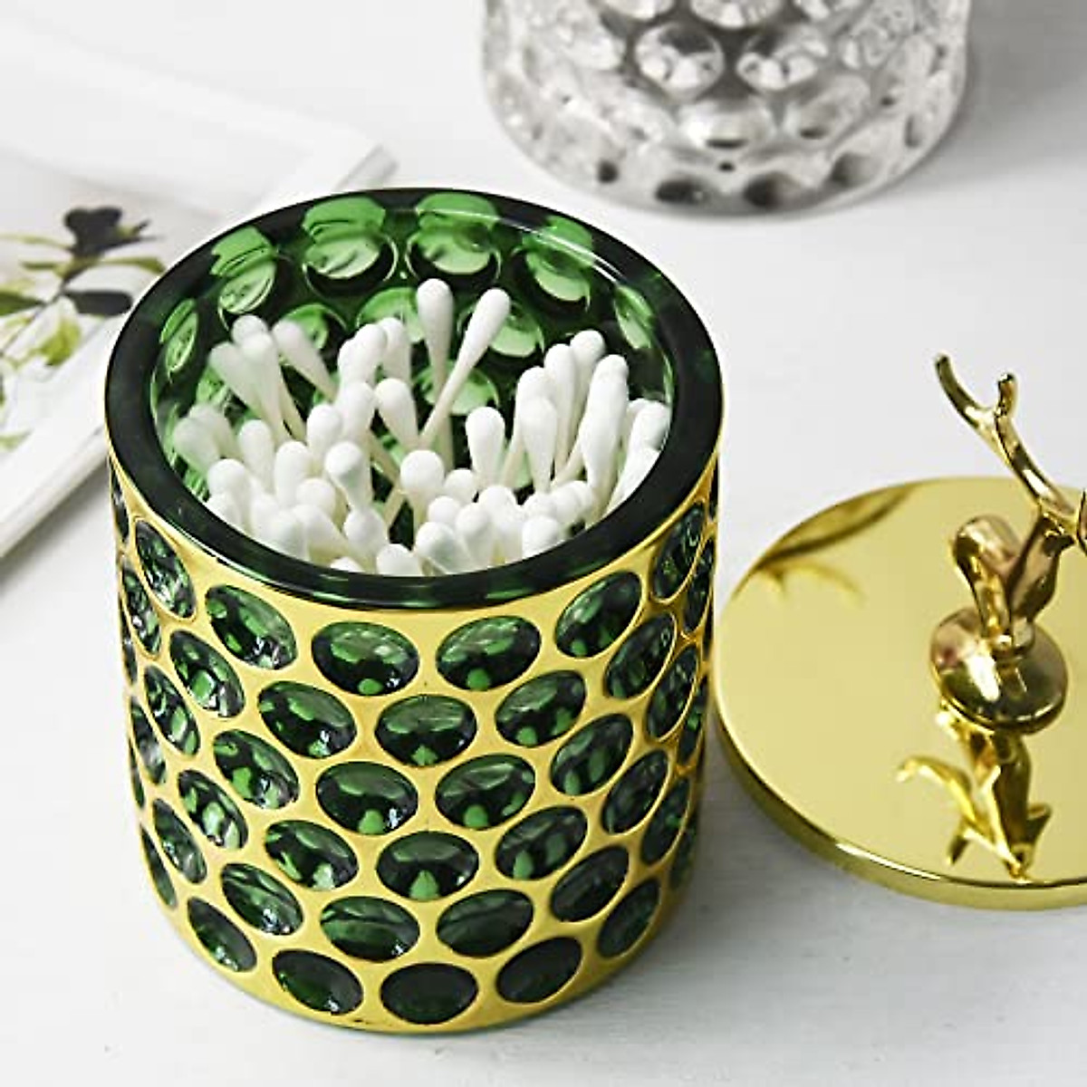 Ezebesta 2PCS Vintage Bathroom Canisters Luxury Small Thick Glass Jar Set Qtip Holder Dispenser for Cotton Ball & Pads Storage Organization Beautiful Decor