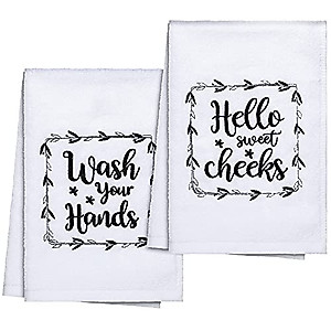 2 Pieces Funny Hand Towels with Sayings Hello Sweet Cheeks Wash Your Hands Bathroom Hand Towels Rustic Cute Dish Kitchen Towels for Bathroom Home Decorative Farmhouse Bath Sign, 16 x 24 Inch