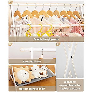 Cozivolife Kids Clothing Rack with 2 Hanging Rods and 4 Hooks, Kids Dress Up Rack with Bottom Storage Shelf, Child Garment Rack, Small and Foldable, Bamboo (White)