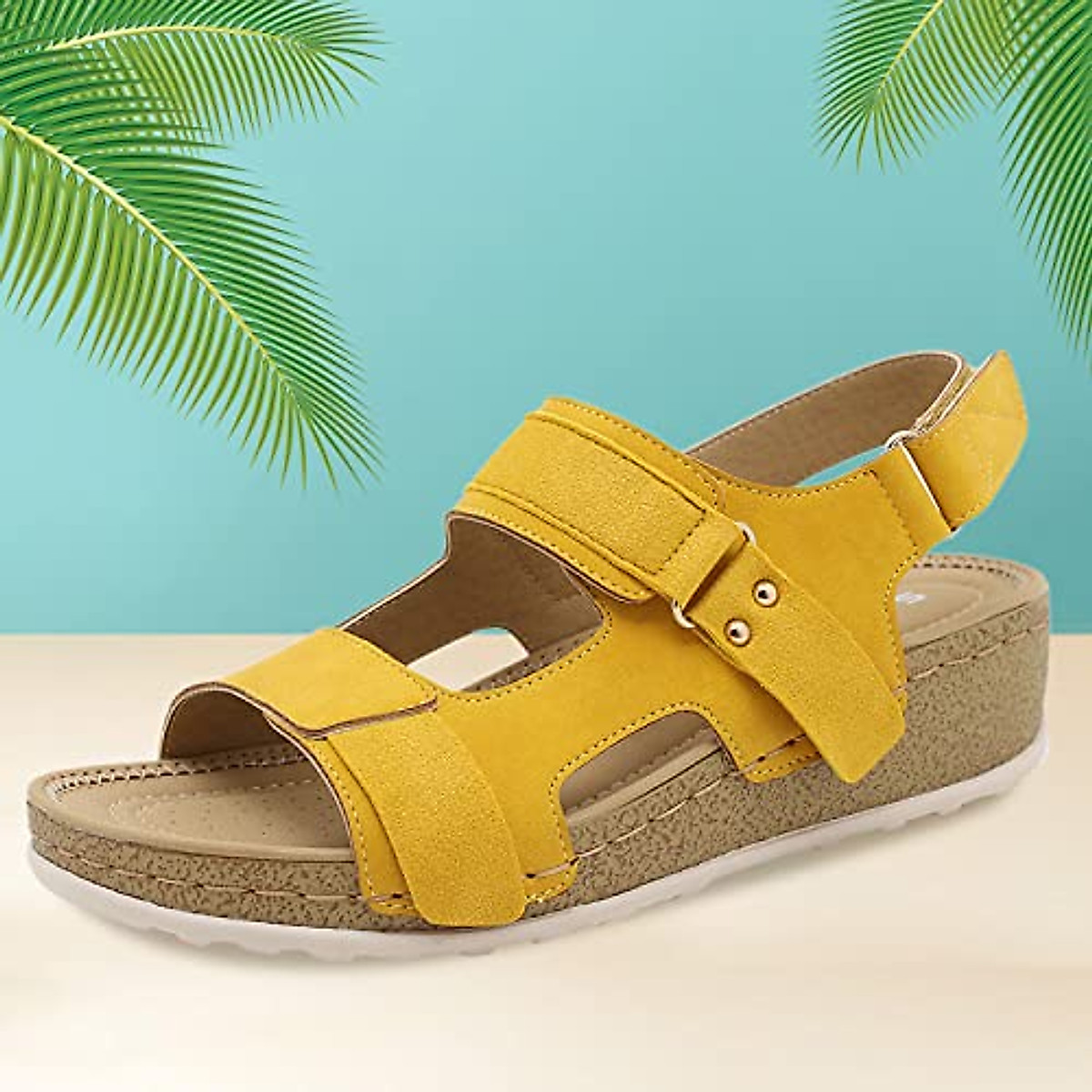 Fashion Wedges Shoes Sandals Women's Sandals Buckle Shoes for Women Summer Strap Women's Slides Sandals for Women (Yellow, 9)