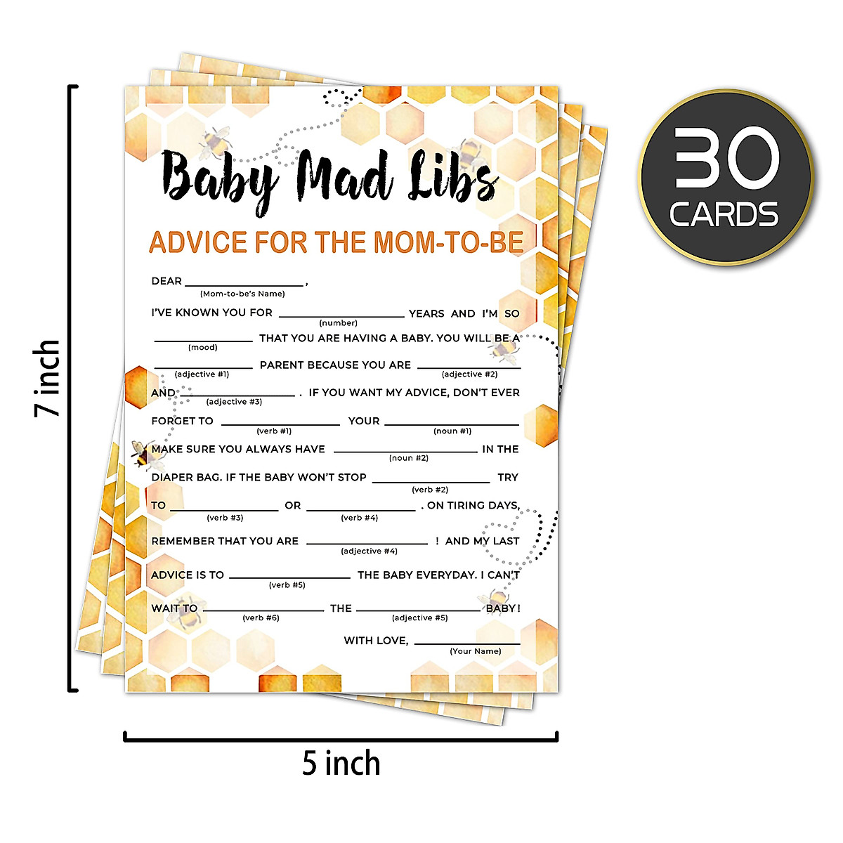 Yuansail Baby Mad Libs, Baby Shower Game, Gender Reveal Party Supplies,Honeycomb Bumble Bee Party Decorations,– 30 Game Cards (bb013-yx12)